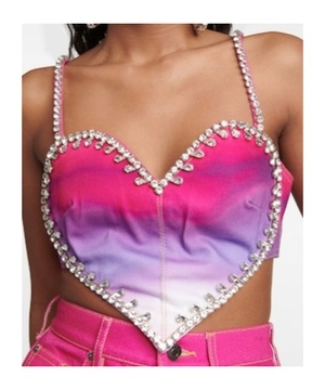 AREA Cropped Embellished Ombré Denim Top