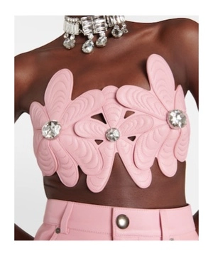 AREA Mussel Flower Embellished Leather Strapless Top