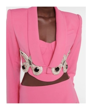 AREA Embellished Cropped Wool Blazer