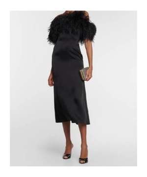 David Koma Feather-trimmed Satin Midi Dress