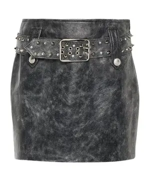 Alessandra Rich Belted Embellished Leather Miniskirt - Dark Gray