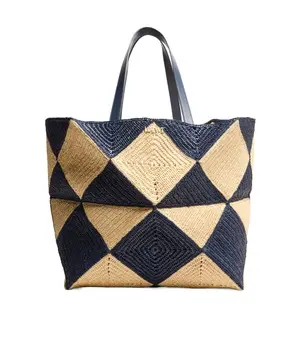 Loewe Puzzle Fold Diamond Xxl Tote In Raffia - Black