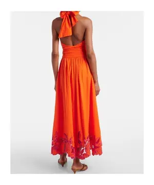 Farm Rio Hollowed-out Lace Trim Midi Dress - Red