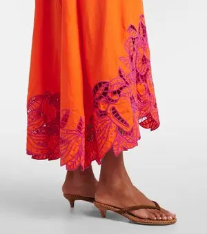 Farm Rio Hollowed-out Lace Trim Midi Dress - Red