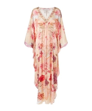 Camilla Embellished Floral Silk Kaftan - Nude