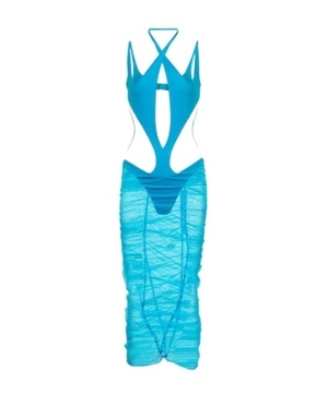 MUGLER Cutout Paneled Tulle Midi Dress - Blue