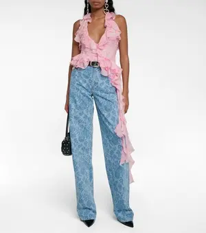 Alessandra Rich Crystal-embellished Ruffled Silk Top