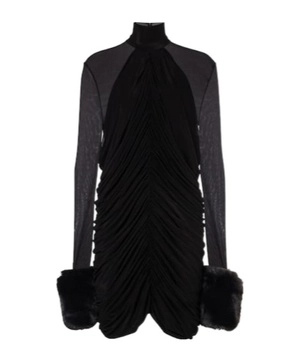 Magda Butrym Gathered Faux Fur-trimmed Mesh Minidress - Black