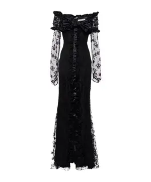 Alessandra Rich Bow-decorated Ruffled Off-shoulder Lace Dress - Black