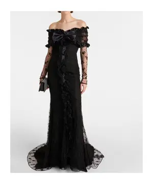 Alessandra Rich Bow-decorated Ruffled Off-shoulder Lace Dress