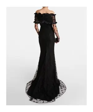 Alessandra Rich Bow-decorated Ruffled Off-shoulder Lace Dress