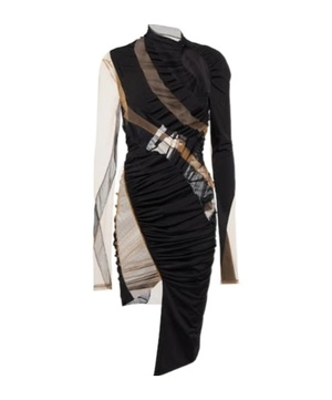 MUGLER Ruched Tulle-paneled Asymmetrical Minidress