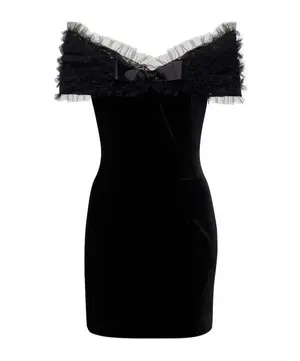 Alessandra Rich Off-shoulder Velvet And Tulle Minidress - Black