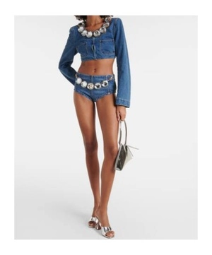 AREA Embellished Cropped Denim Jacket