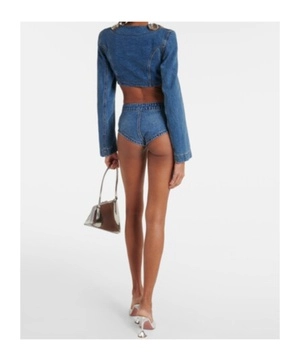 AREA Embellished Cropped Denim Jacket