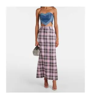 AREA Plaid Wool Midi Skirt