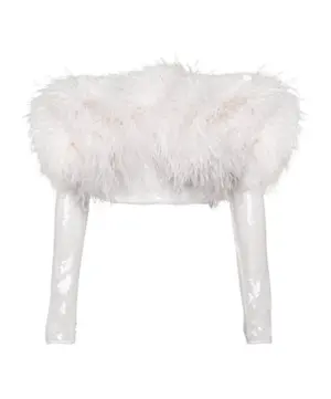 David Koma Sequined Feather-trimmed Crop Top - White