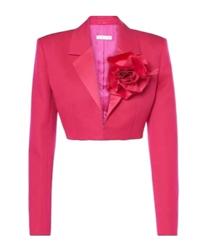 AREA Floral-appliqué Cropped Wool Blazer - Pink