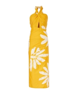 Johanna Ortiz Printed Twisted Cutout Midi Dress - Yellow
