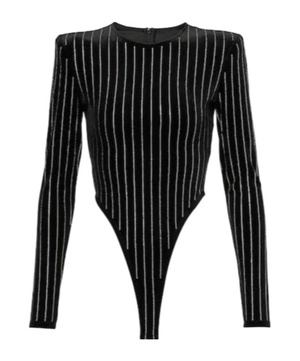 Alex Perry Crystal-embellished Pinstripe Velvet Bodysuit - Black