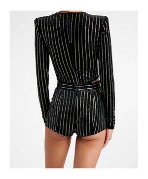 Alex Perry Crystal-embellished Pinstripe Velvet Bodysuit
