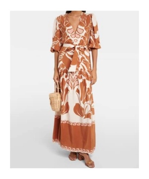 ADRIANA DEGREAS Printed Puff Sleeve Silk Maxi Dress - Brown