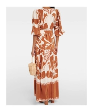ADRIANA DEGREAS Printed Puff Sleeve Silk Maxi Dress - Brown