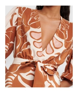 ADRIANA DEGREAS Printed Puff Sleeve Silk Maxi Dress - Brown