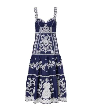 Farm Rio Embroidered Cotton Midi Dress - Blue
