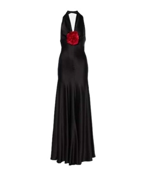 RODARTE Floral Appliqué Satin Maxi Dress - Black