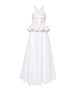 Giambattista Valli Ruffled Floral Lace Gown - White