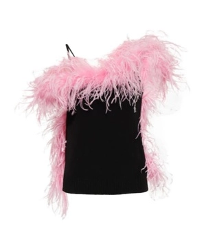 Attico Feather-trimmed Knitted Top - Black