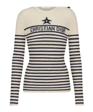 Dior Ribbed Knit Crewneck Sweater With Striped Pattern And Logo Detail - Black