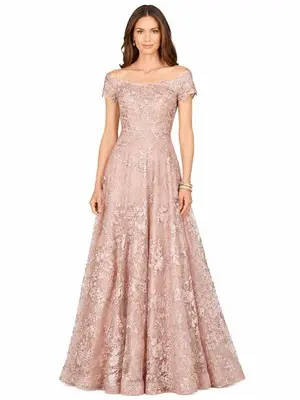 LARA NEW YORK Off Shoulder A-line Gown With Lace Appliqué And Rhinestones - Blush