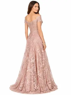 LARA NEW YORK Off Shoulder A-line Gown With Lace Appliqué And Rhinestones - Blush