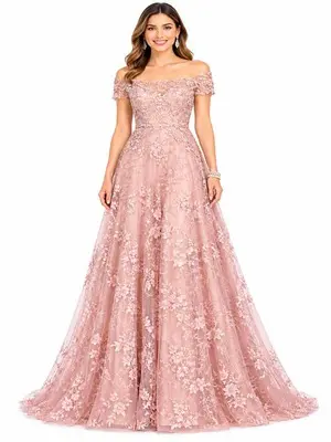LARA NEW YORK Off Shoulder A-line Gown With Lace Appliqué And Rhinestones - Blush