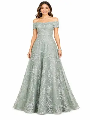 LARA NEW YORK Off Shoulder A-line Gown With Lace Appliqué And Rhinestones