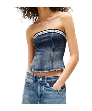 Tommy Hilfiger Strapless Denim Tube Top Vest With Logo Band - Blue