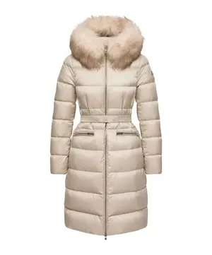 Moncler Long Hooded Cotton Jacket With Fur Collar - Nude