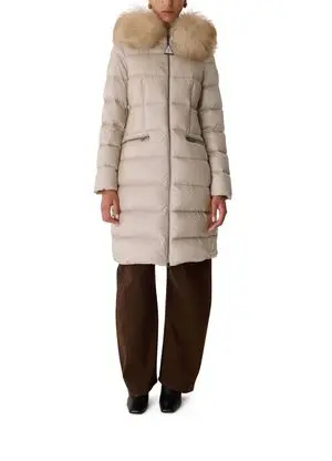 Moncler Long Hooded Cotton Jacket With Fur Collar - Nude