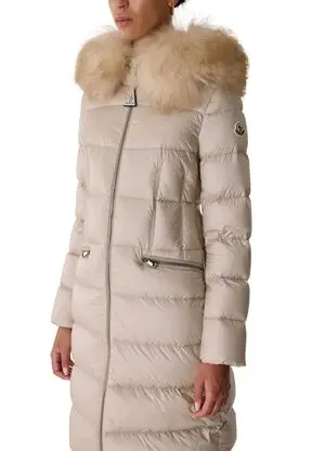 Moncler Long Hooded Cotton Jacket With Fur Collar - Nude