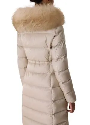 Moncler Long Hooded Cotton Jacket With Fur Collar - Nude