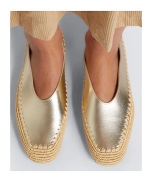 Gabriela Hearst Metallic Leather Flats With Raffia Trim - Nude