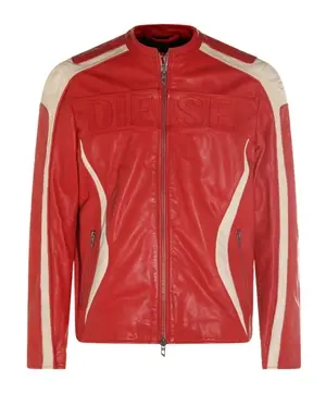 DIESEL® Zip-up Crewneck Leather Jacket - Red