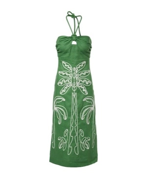 Farm Rio Embroidered Halterneck Linen Midi Dress - Green
