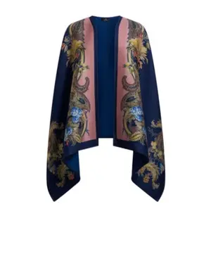 Etro Wool Cape With Placed Floral Paisley Print - Blue