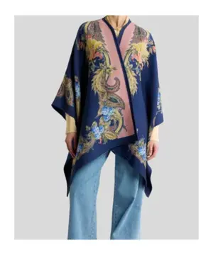Etro Wool Cape With Placed Floral Paisley Print