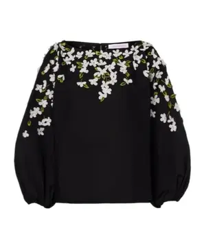 Carolina Herrera Floral-appliqué Cotton-blend Top - Black
