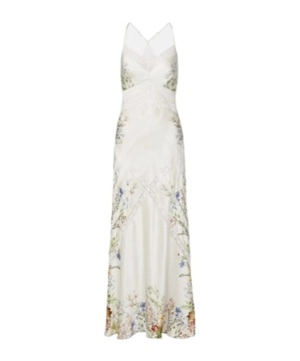 Camilla Floral Silk Satin Slip Maxi Dress With Lace Trims - White