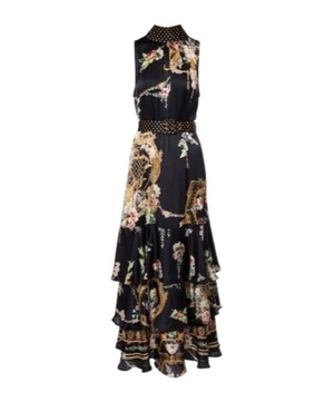 Camilla Belted Floral Tiered Silk Maxi Dress - Black